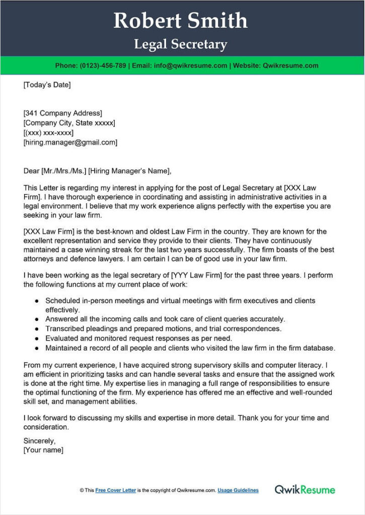 Printable Cover Letter Template For Legal Secretary