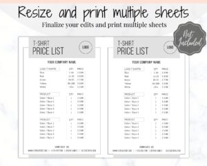 Custom T-shirt Price List Template