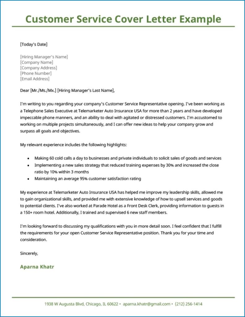 Customer Care Representative Cover Letter Template