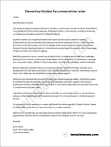 Elementary Student Recommendation Letter Template