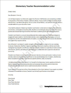Elementary Teacher Recommendation Letter Template