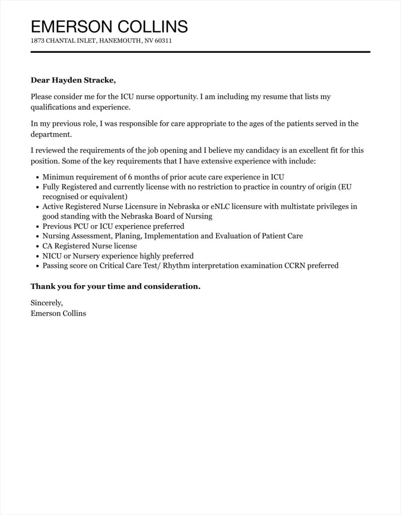 Free Printable ICU Nurse Cover Letter Template