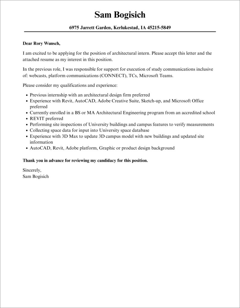 Architecture Internship Cover Letter Template