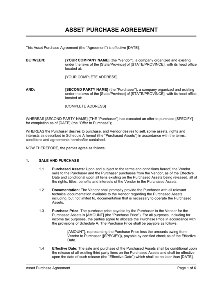 Asset Purchase Agreement Template
