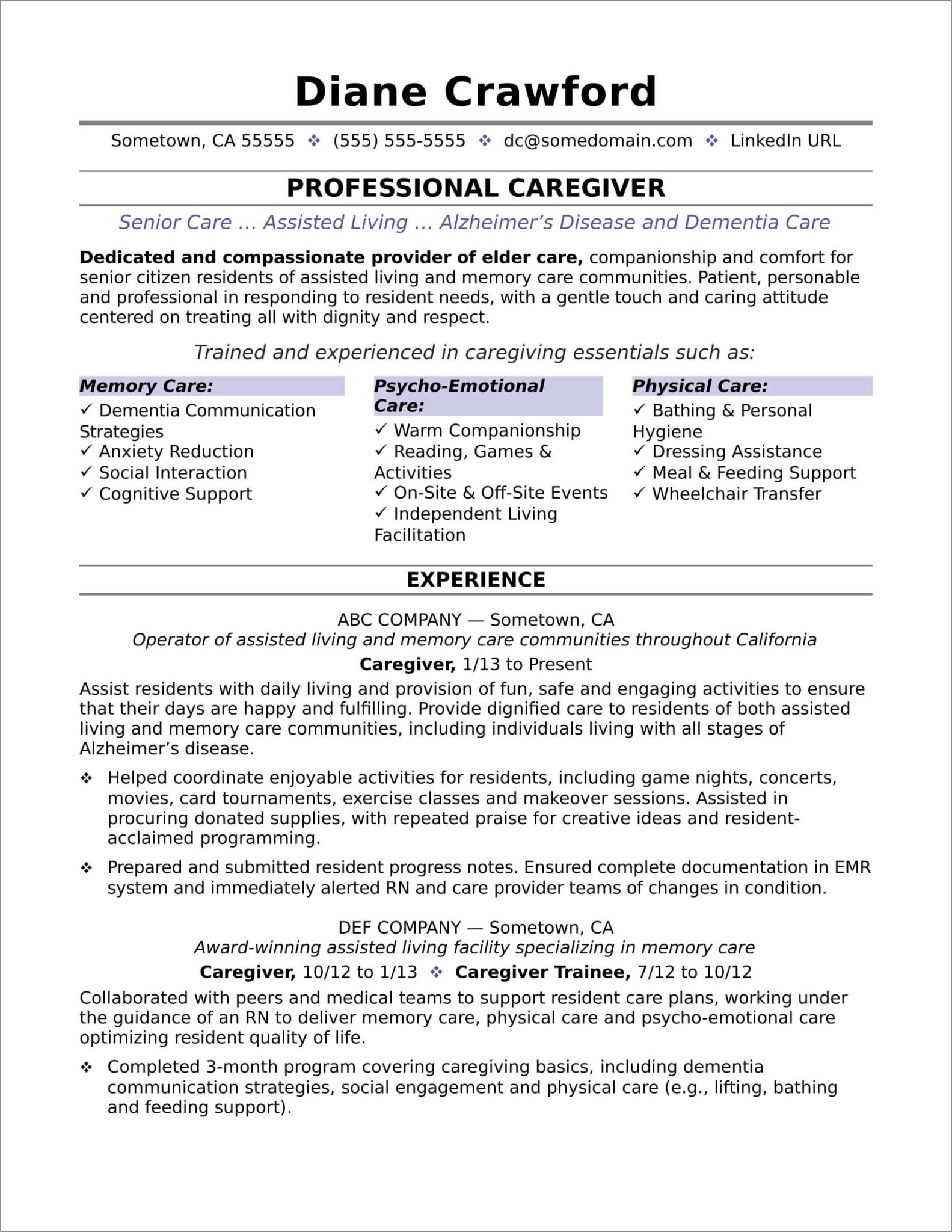 Free Printable Caregiver Resume Template