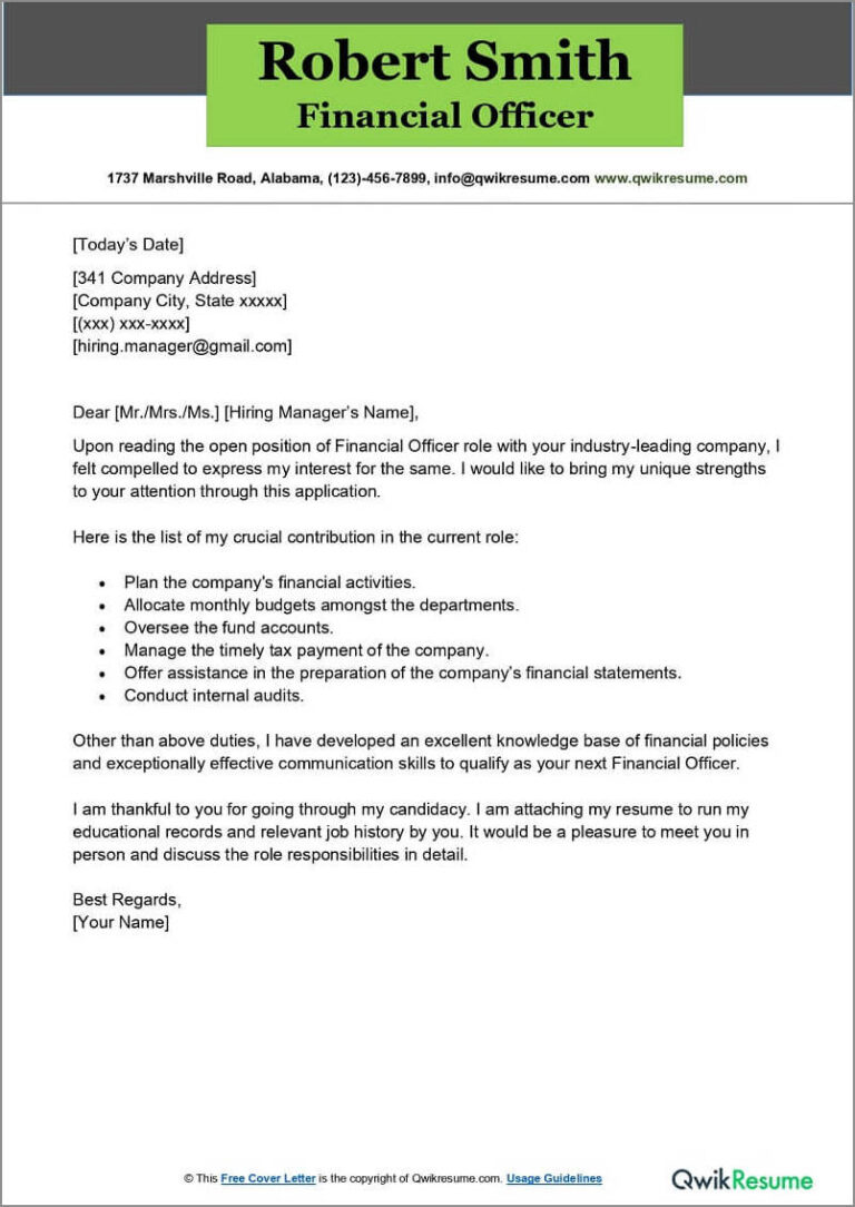 Chief Financial Officer Cover Letter Template