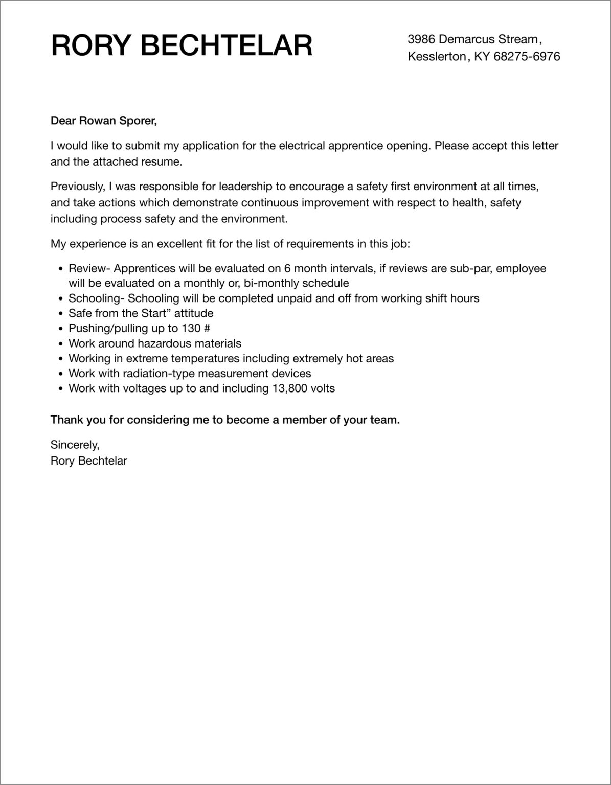 Printable Electrical Apprentice Cover Letter Template