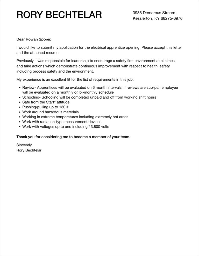 Printable Electrical Apprentice Cover Letter Template