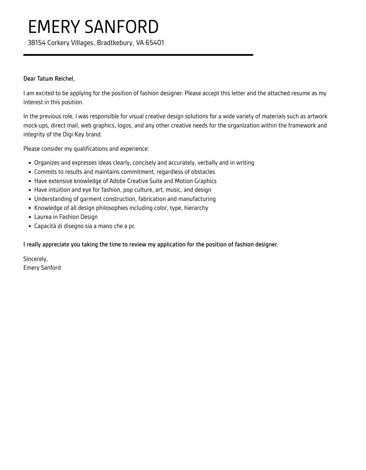 Printable Fashion Designer Cover Letter Template