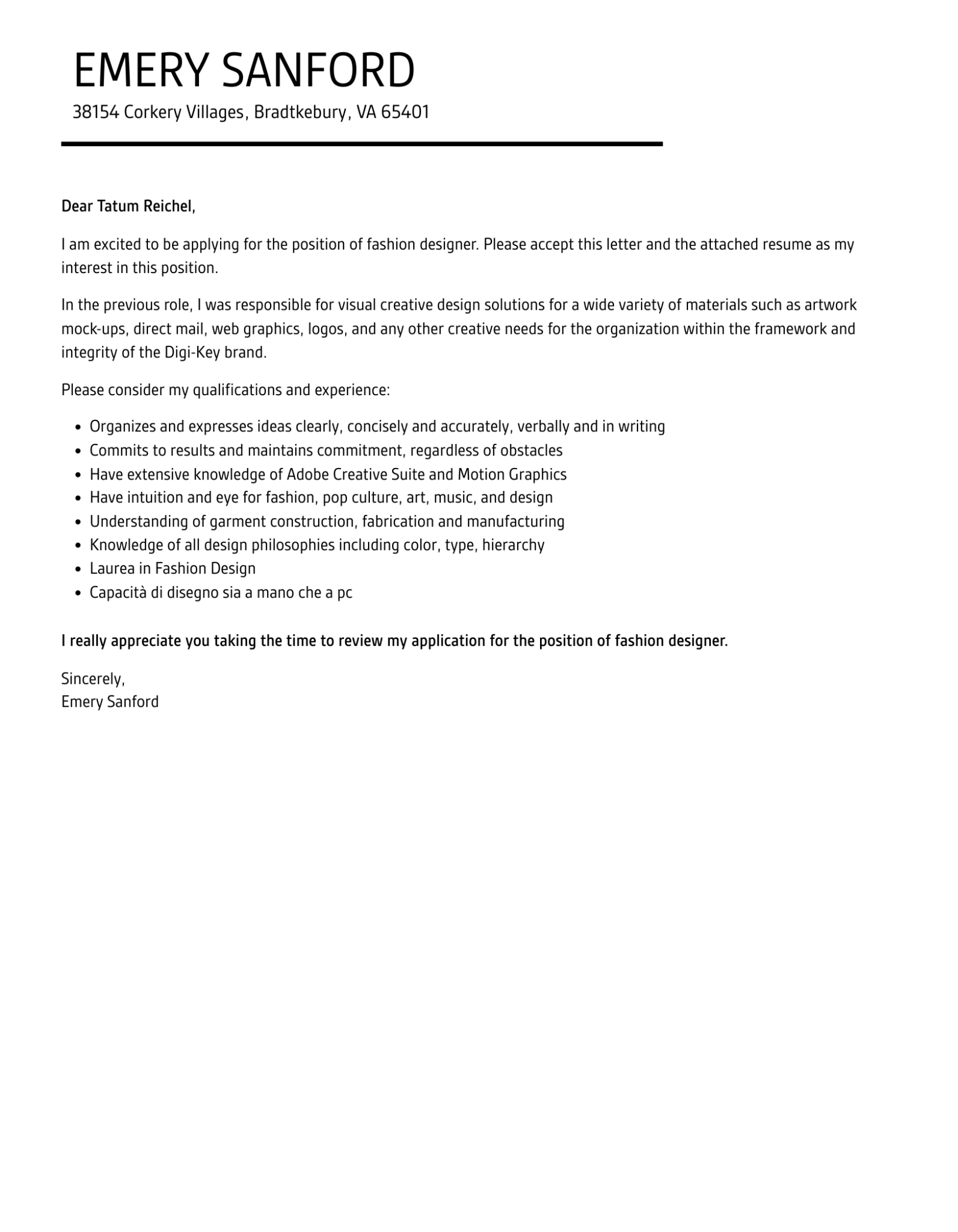Printable Fashion Designer Cover Letter Template