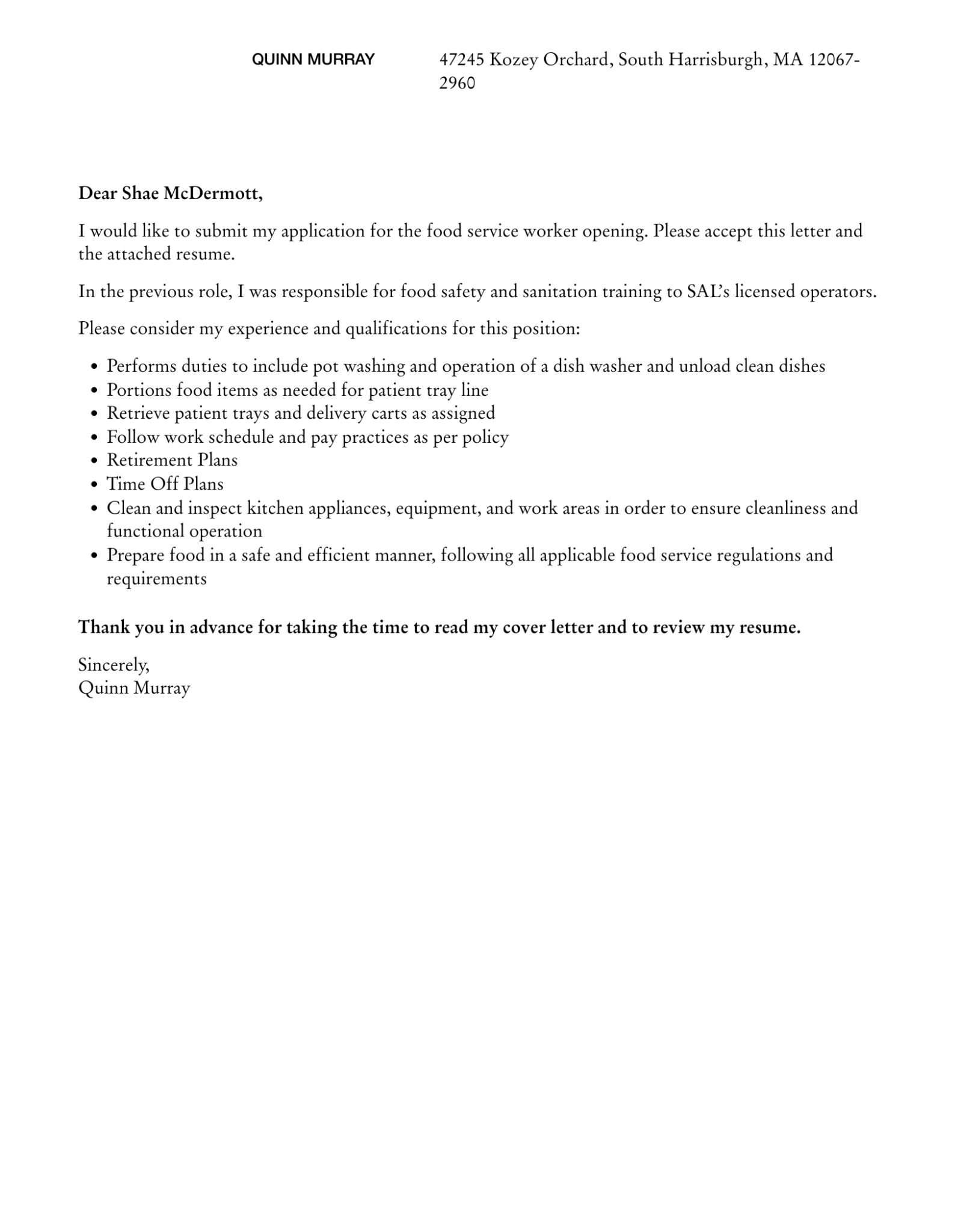Printable Food Service Worker Cover Letter Template