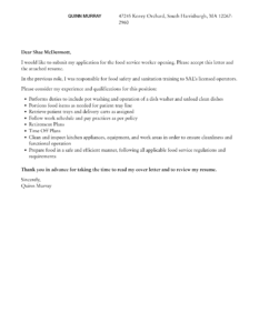 Printable Food Service Worker Cover Letter Template