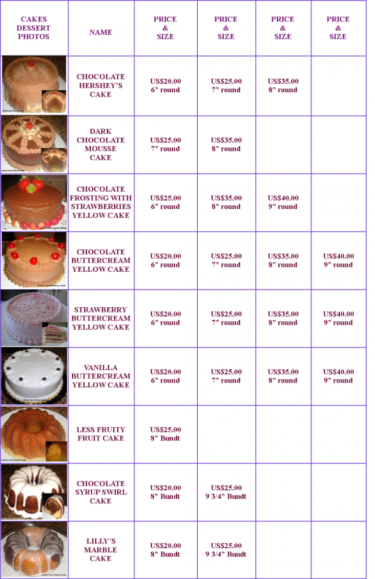 Homemade Cake Price List Template