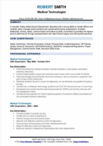Free Printable Medical Technologist Resume Template