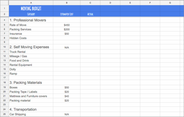 Moving Budget Template