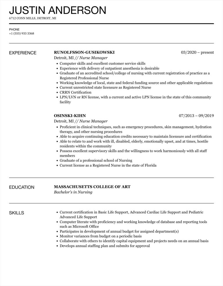 Free Printable Nurse Manager Resume Template