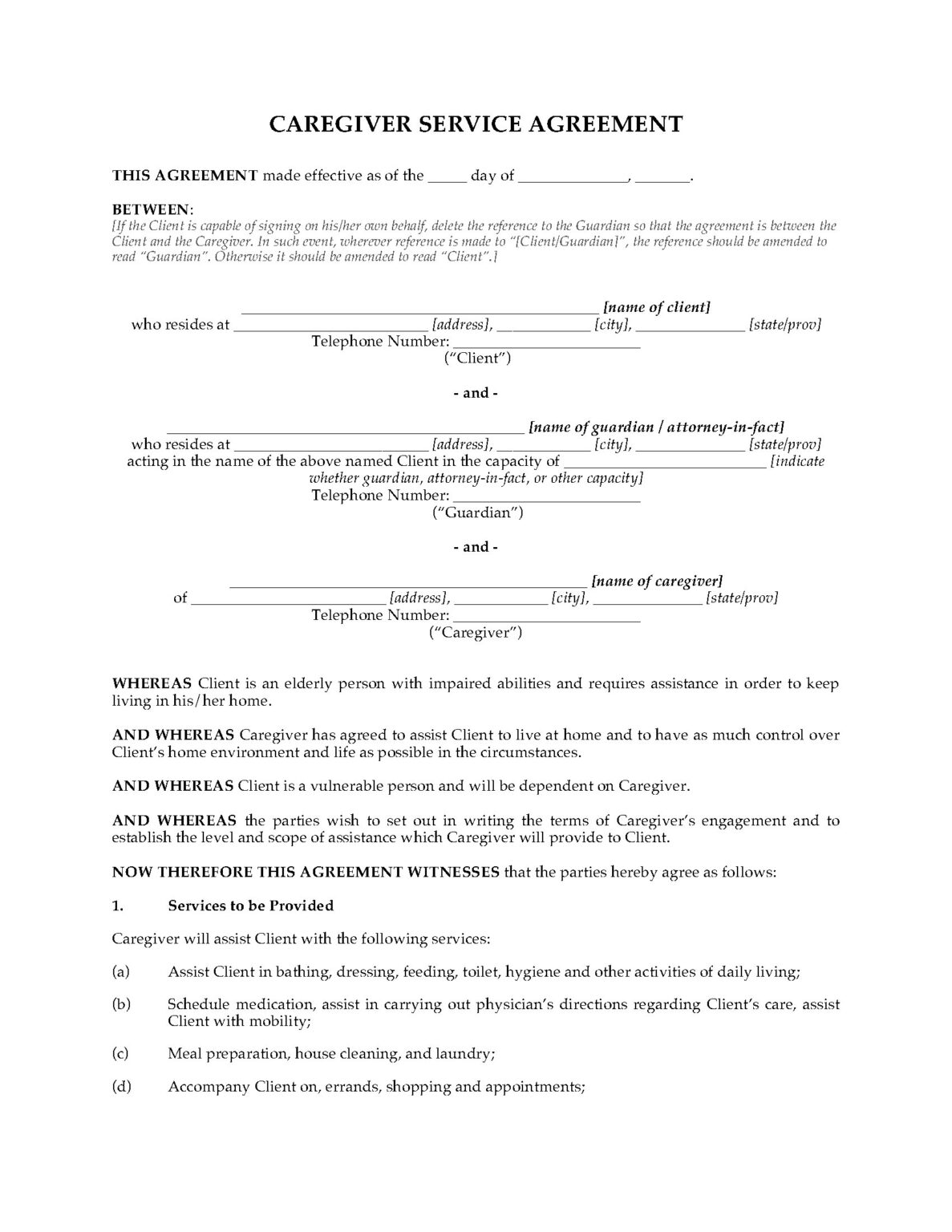 Printable Caregiver Agreement Template