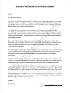 Executive Assistant Recommendation Letter Template