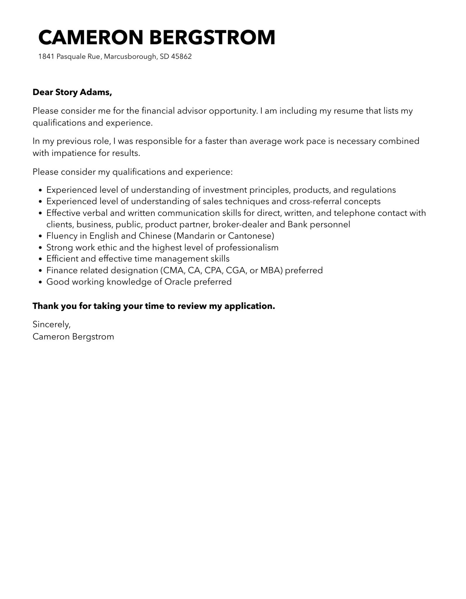 Free Printable Financial Advisor Cover Letter Template