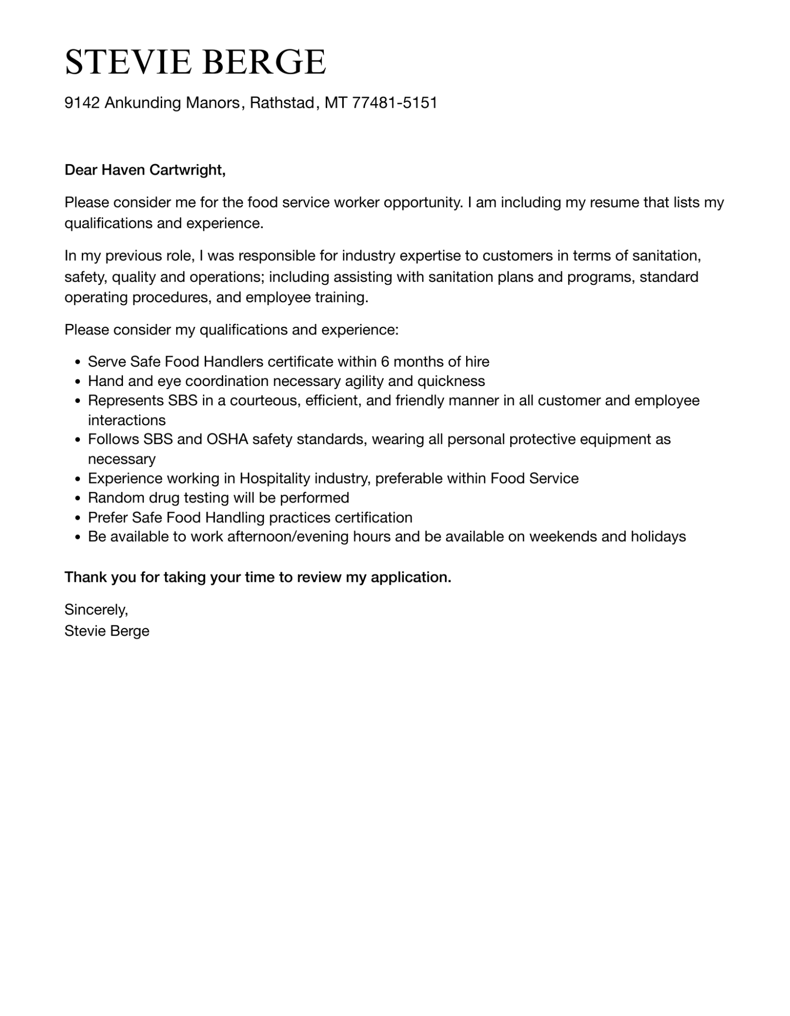 Printable Food Service Worker Cover Letter Template