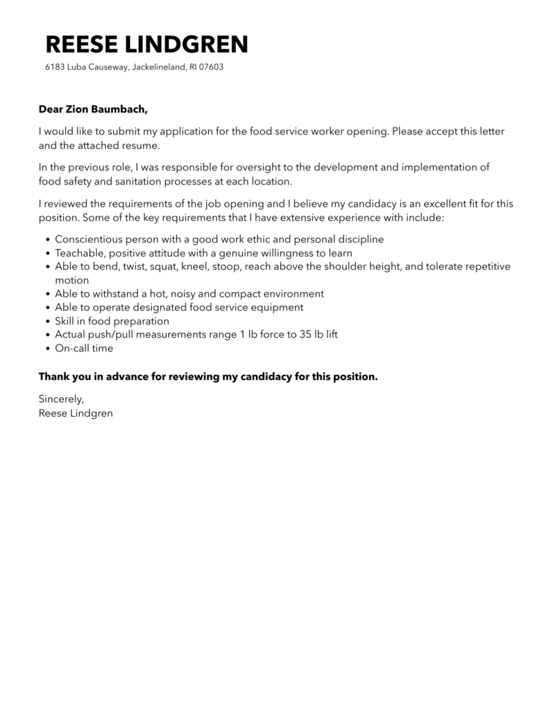 Printable Food Service Worker Cover Letter Template