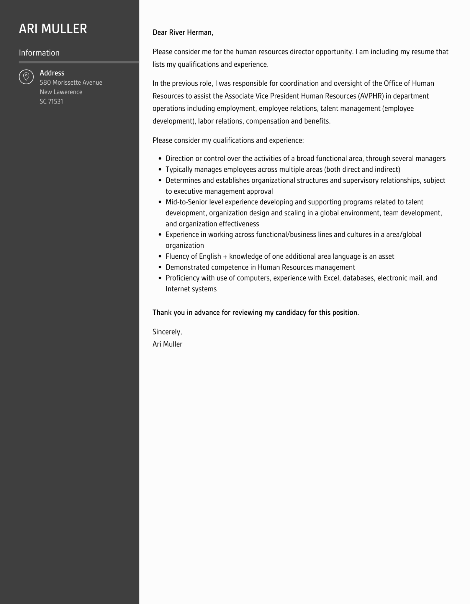 Human Resources Director Cover Letter Template