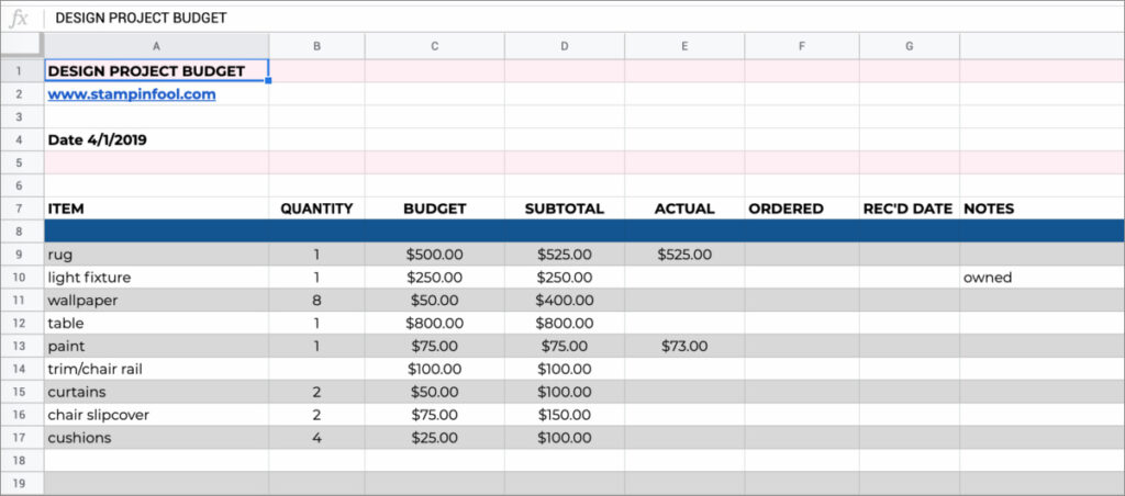 Interior Design Budget Template