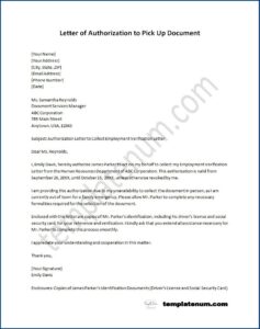 Letter of Authorization to Pick Up Document