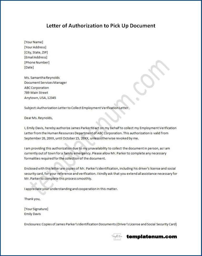 Letter of Authorization to Pick Up Document