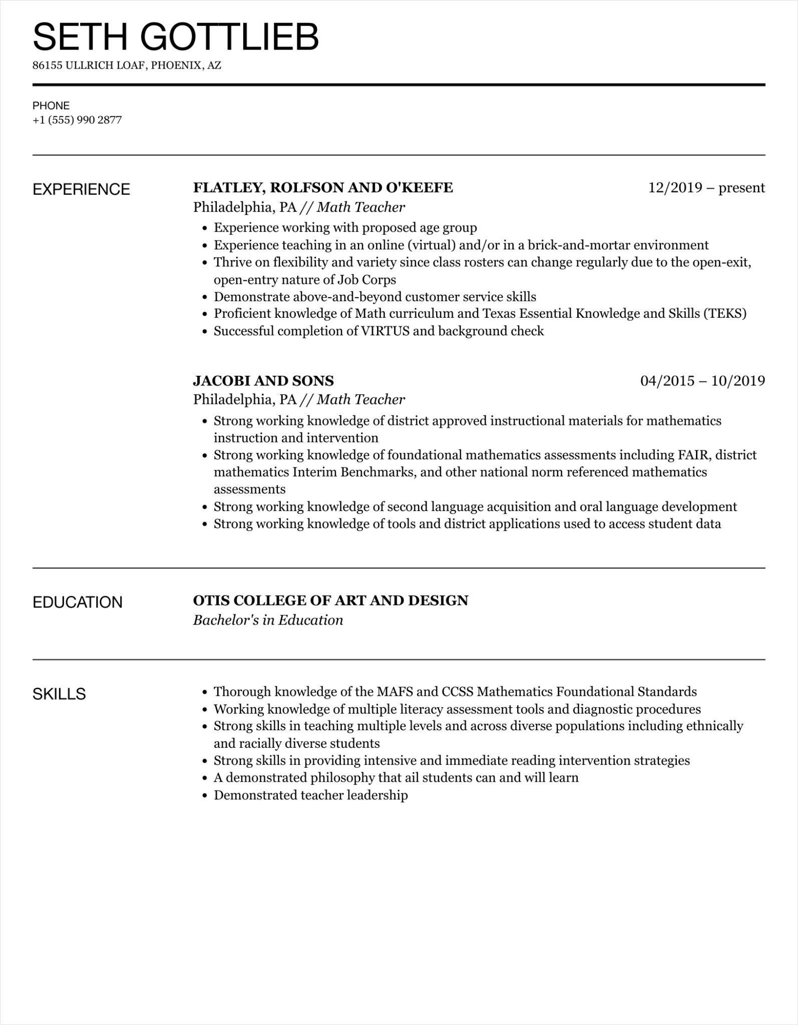 Free Printable Math Teacher Resume Template