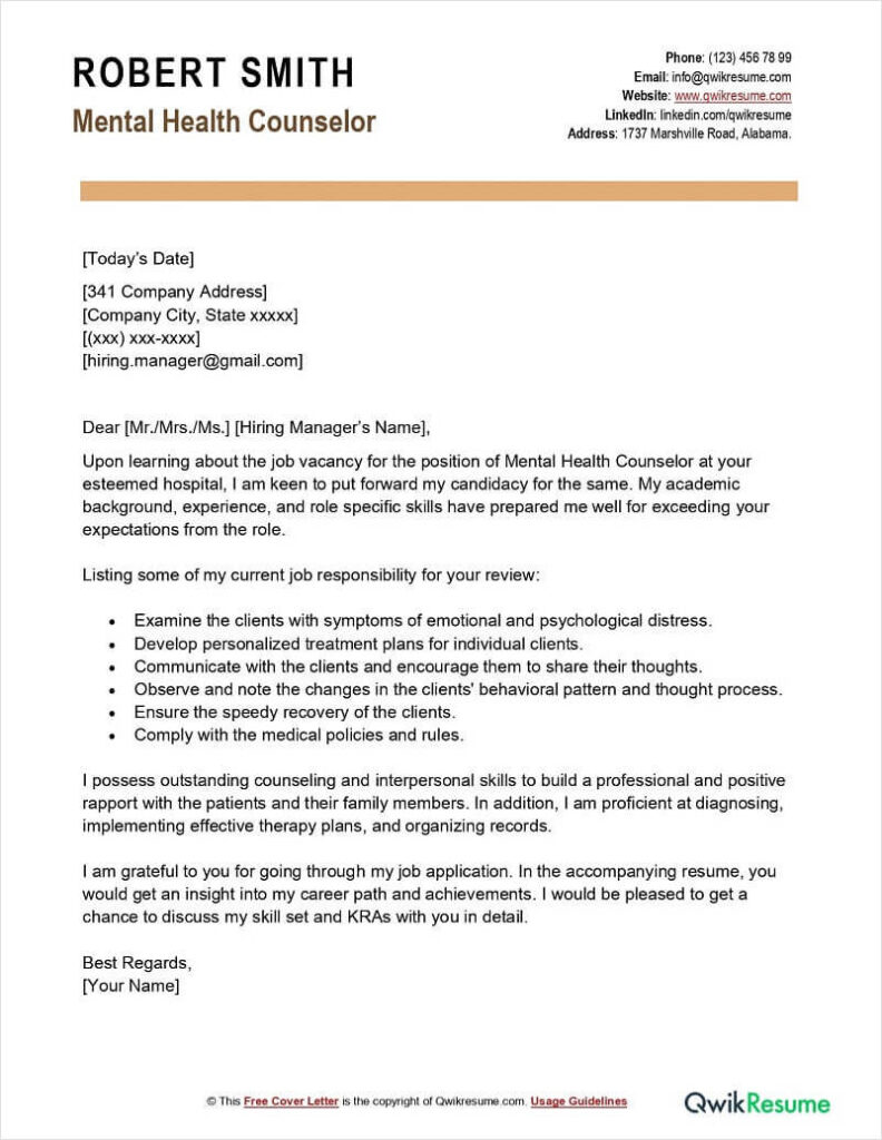 Mental Health Counseling Cover Letter Template