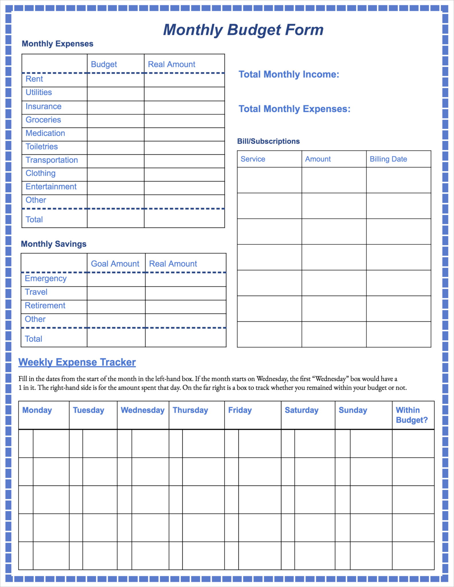 Customizable Monthly Budget Template