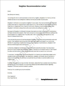 Neighbor Recommendation Letter Template