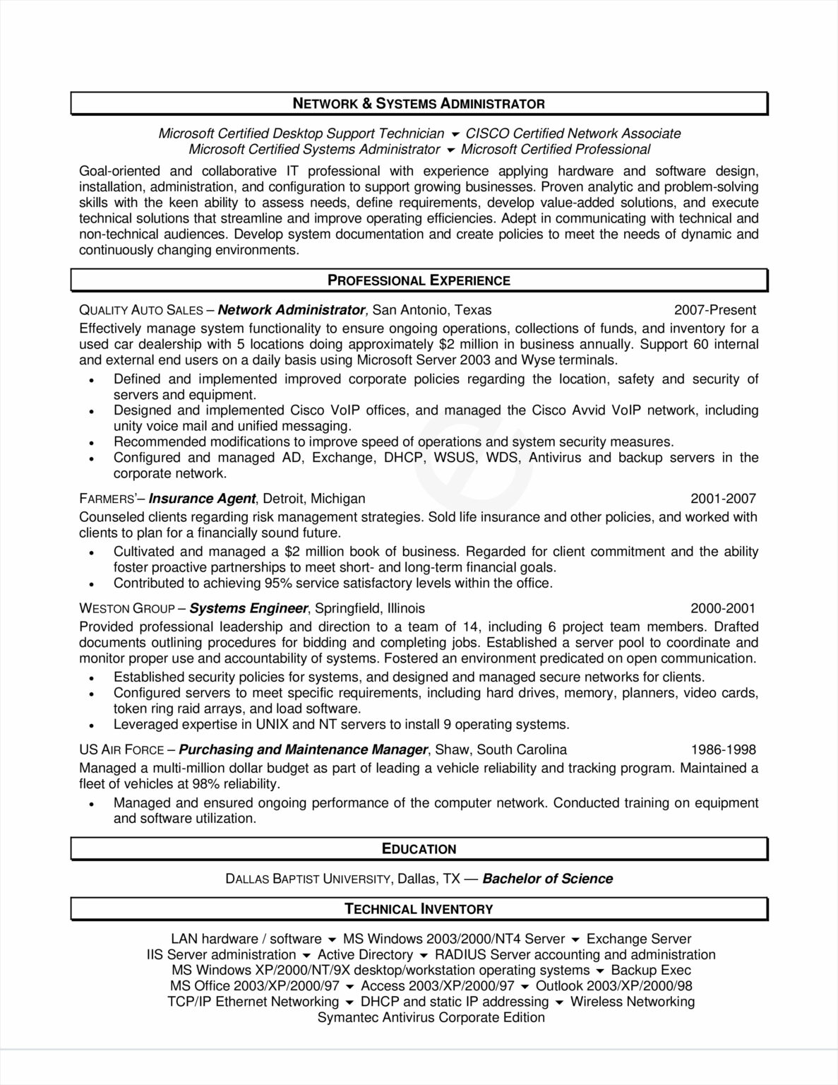 Free Printable Network Administrator Resume Template