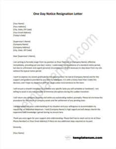 One Day Notice Resignation Letter Template