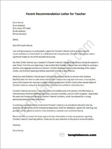 Parent Recommendation Letter Template for Teacher