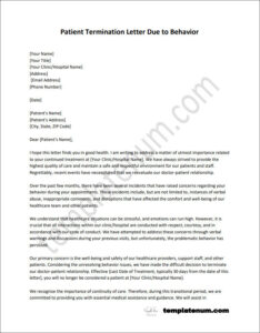 Patient Termination Letter Template Due to Behavior