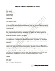 Pharmacist Recommendation Letter Template (Sample)