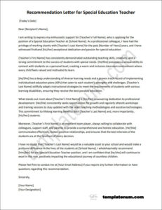 Recommendation Letter for Special Education Teacher