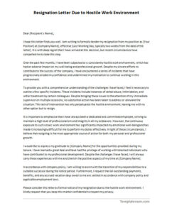 Resignation Letter Template Due to Hostile Work Environment