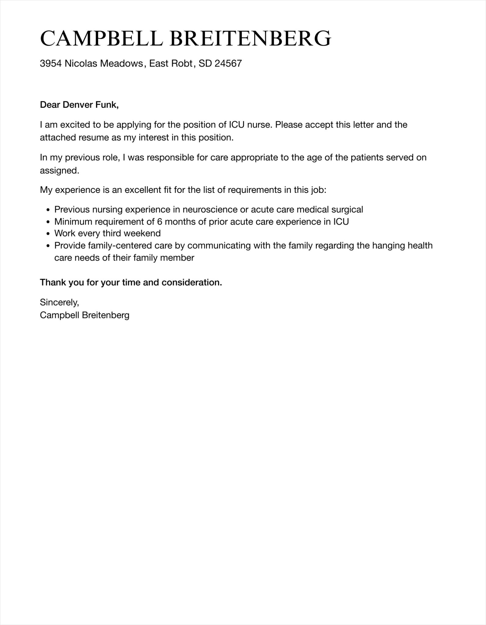 Free Printable ICU Nurse Cover Letter Template