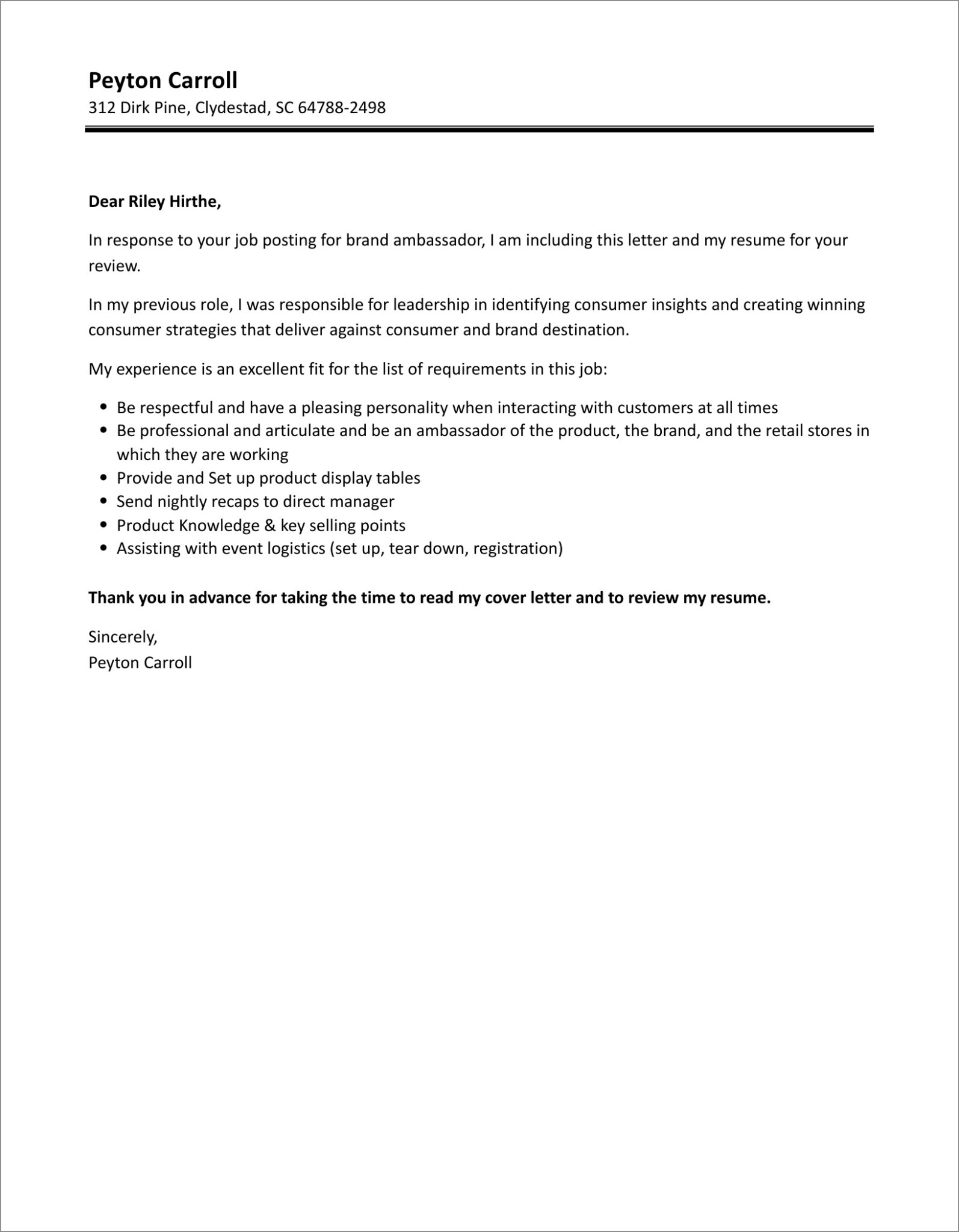 Brand Ambassador Cover Letter Template