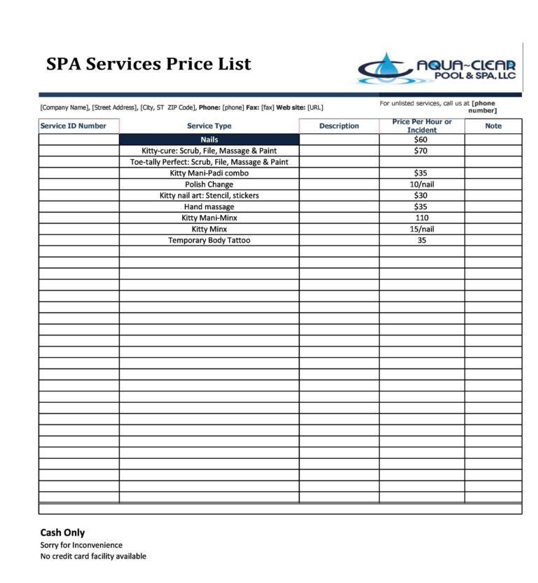 Business Price List Template