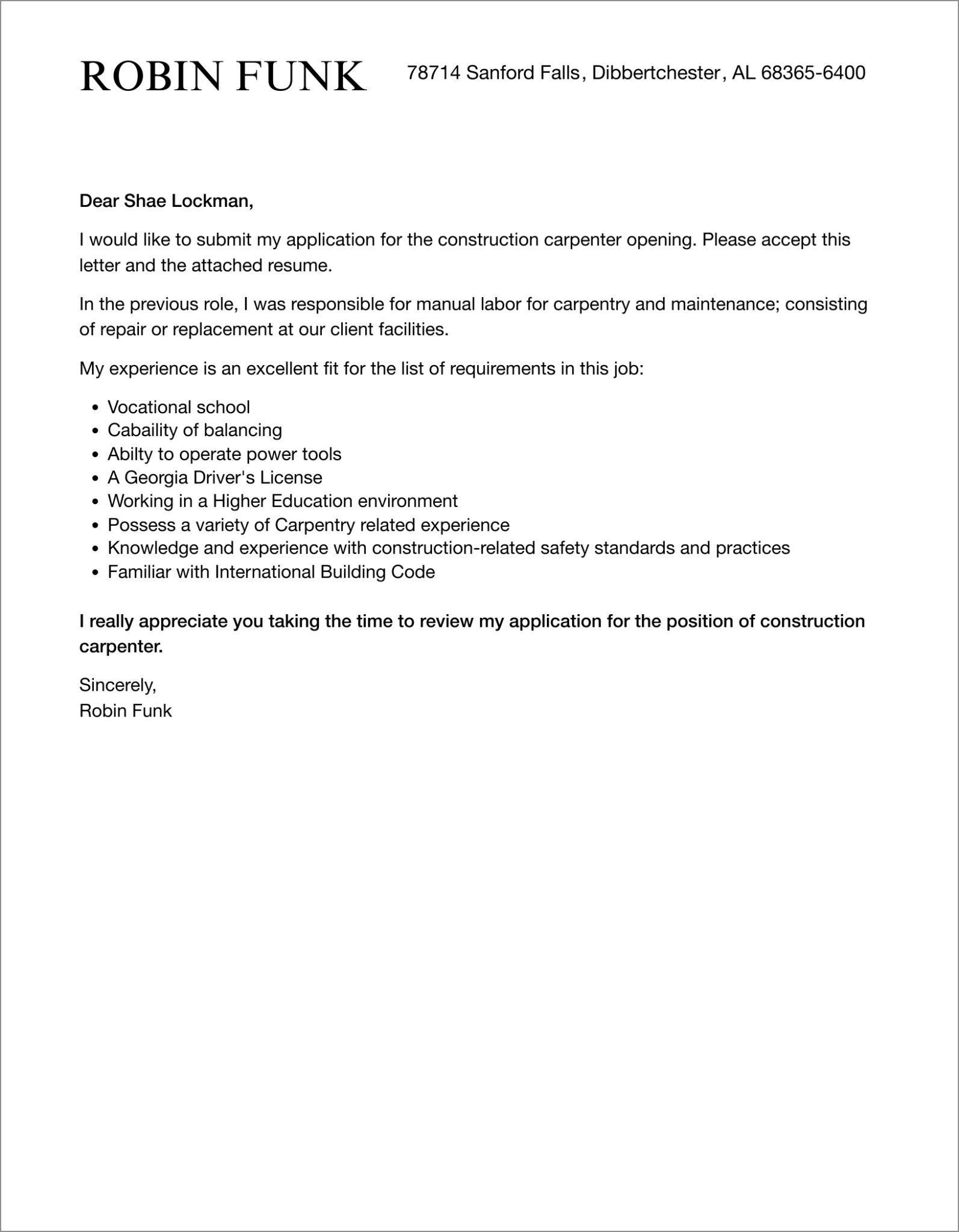Free Printable Carpenter Cover Letter Template