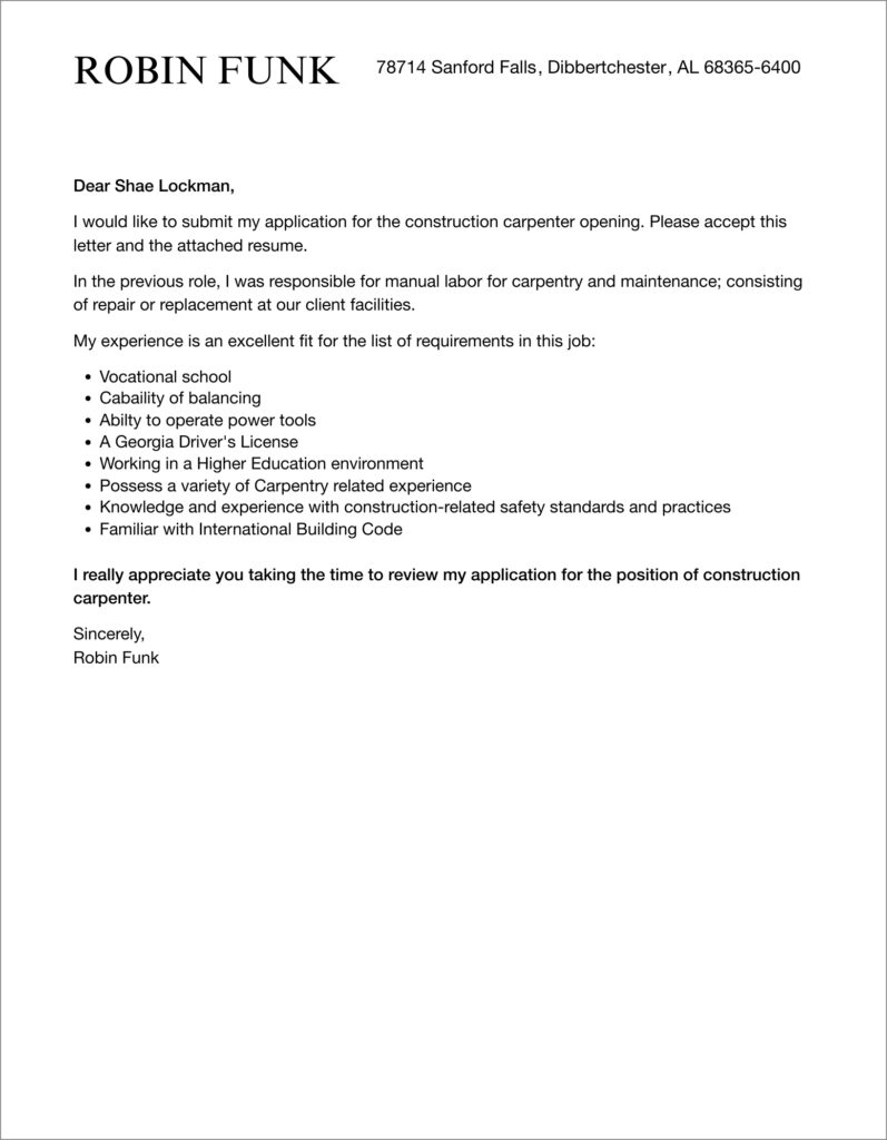 Free Printable Carpenter Cover Letter Template