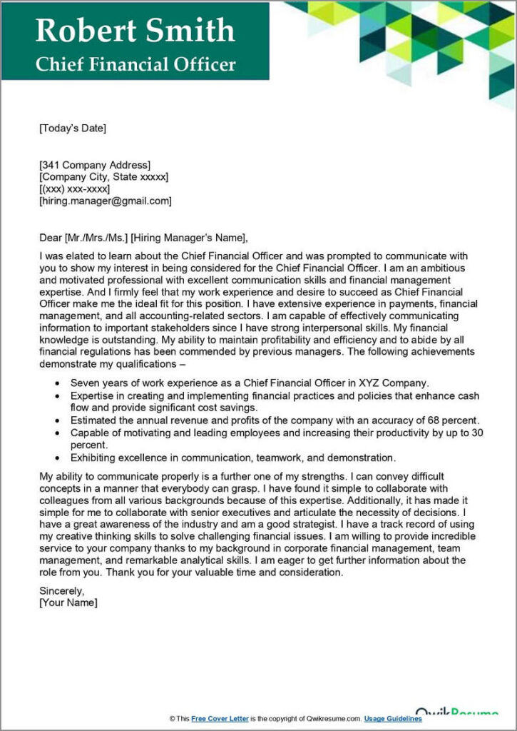 Chief Financial Officer Cover Letter Template