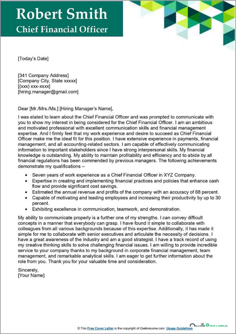 Chief Financial Officer Cover Letter Template