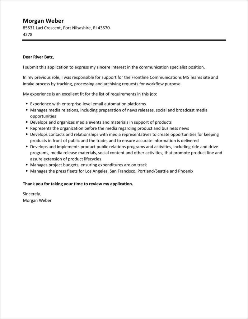Communication Specialist Cover Letter Template