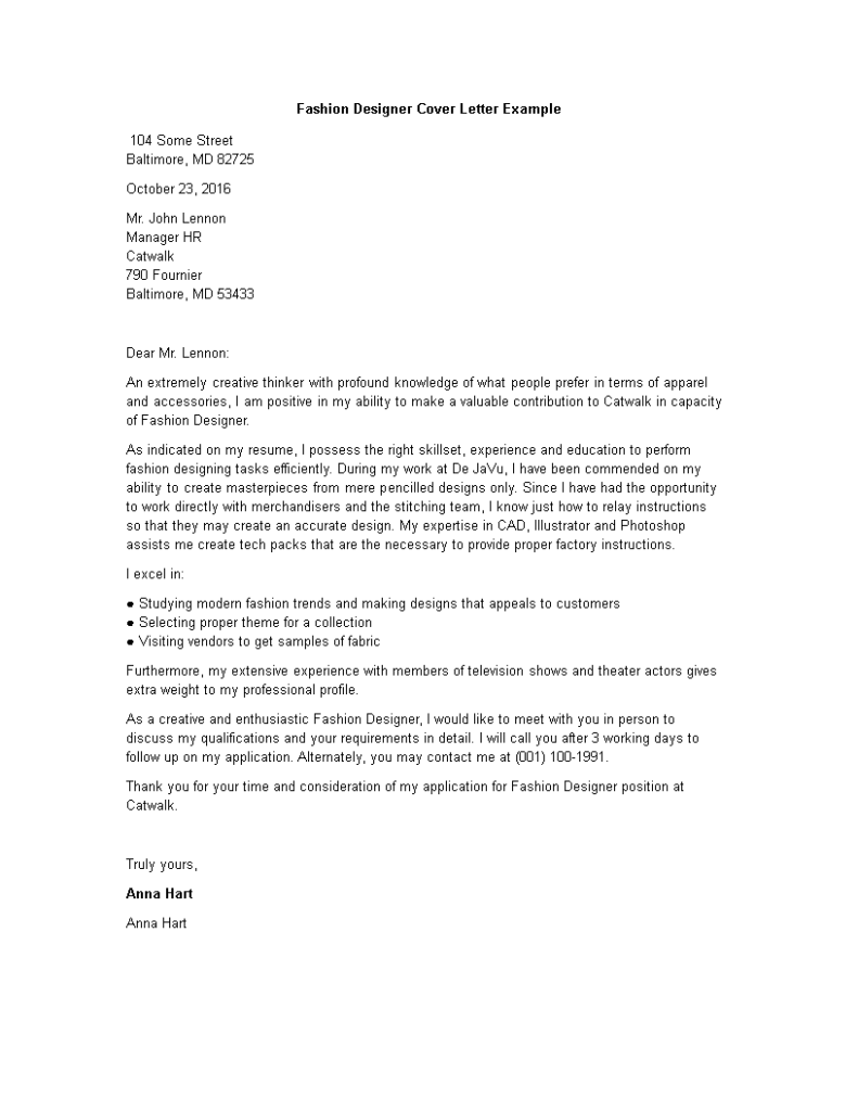 Printable Fashion Designer Cover Letter Template
