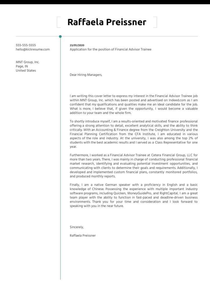 Free Printable Financial Advisor Cover Letter Template